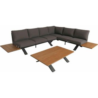 Hhg Neuwertig] Aluminium Garten-Garnitur HHG 802, Sitzgruppe Garten-/Lounge-Set Sofa, Holzoptik Gestell anthrazit, Polster dunkelgrau