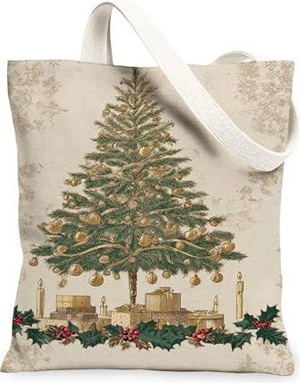 Generic Sac fourre-tout vintage en toile motif sapin de No&euml;l, design rustique, l&eacute;ger et lavable pour le shopping, les voyages en plein air, Beige, 13x15 Inch