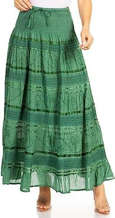 Sakkas 0604 Jupe boh&egrave;me Paysanne en Dentelle et Ruban - A-ForestGreen - OS