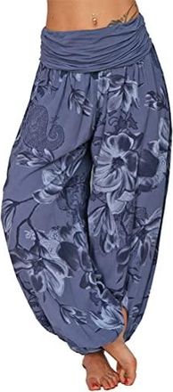 Minetom Femme Harem Pantalon Yoga Sarouel Legers Hippie Baggy Léger Ethnique Calqué Smockée Taille Haute avec Poches Été Plage Pantalon Aladin Jogging C Bleu 