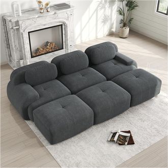 Generic Modulares Schlafsofa mit Ottomane, 3-Sitzer, modulares Cord-Sofa, ohne Montage, for Wohnzimmer, rahmenloses Sofa, mit gebogenen Armlehnen(Grigio.,3S+3