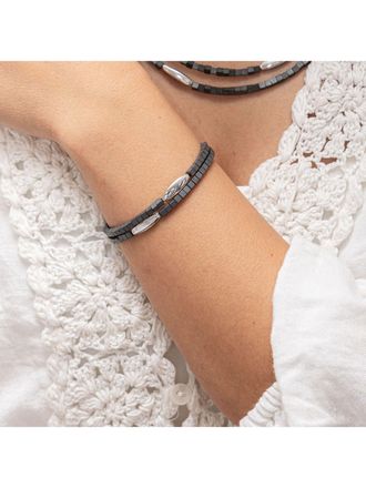 Zeeme Stainless Steel Armband Edelstahl 2-reihig mit H&auml;matit-Steinen 17,5+3cm lang