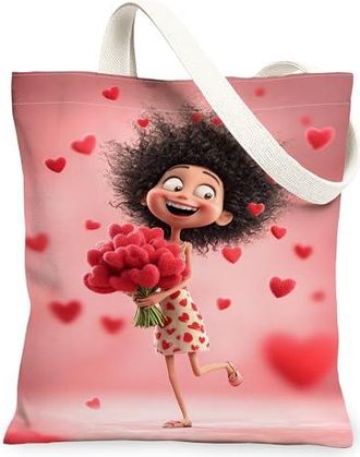 Generic Sacs fourre-tout en toile avec motif coeur pour la Saint-Valentin, sacs &agrave; provisions r&eacute;utilisables, l&eacute;gers et lavables, p&ecirc;che, 13x15 Inch