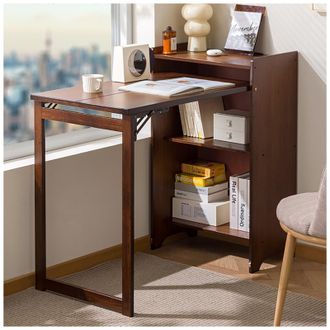 Generic Klappbarer Schreibtisch aus Bambus mit Bücherregal, versteckter Schreibtisch mit Stauraum, Computertisch, Klapptisch for Schlafzimmer, Arbeitszimmer o