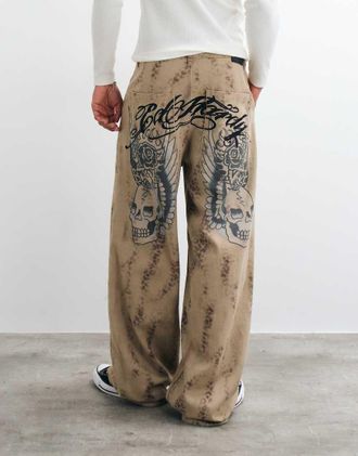 Ed Hardy Hose aus gewaschenem Canvas in Braun