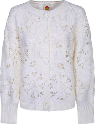 Farm Rio Farm Rio, Femme, Pulls, Blanc, Taille: 36 FR Gilet Tricot Crochet Fleurs 3D