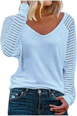 Generico Haut en patchwork pour femme à manches longues à rayures avec col rond et col rond, A Bleu, M