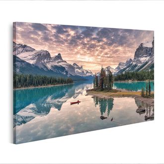 Islandburner Leinwandbild Reisende Kanufahrer Rocky Mountain Reflexion Maligne Lake Spirit Islan - Leinwand 80x40cm