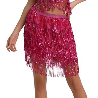 Generic Jupe &agrave; paillettes taille &eacute;lastique pour femme - Jupe de danse du ventre - Jupe &agrave; pompons bleus - Jupe trap&egrave;ze pour adulte - Jupe de tutu, jupe trap&egrave;ze