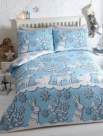 Portfolio Home Weihnachtliches Bettw&auml;sche-Set - Baumwoll-Polyester-Mischung - UK-Doppelbett - Schneewei&szlig;e Berge - Blau