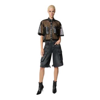John Richmond Mesh-Shirt mit Lederdetails - - Blouses & Shirts - Damen - Schwarzk - XS