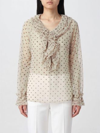 Parosh Bluse P. A.R. O.S. H. mit V-Ausschnitt und R&uuml;schen aus besticktem Polka-Dot-Cr&ecirc;pe