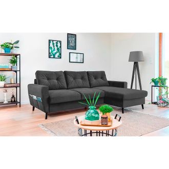 Mørteens home24 Ecksofa mit Longchair Grau/Dunkelgrau Samt Krysia 233 x 90 x 148cm Longchair davorstehend rechts ohne Schlaffunktion Glamour
