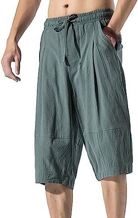Generic Pantacourt en lin pour homme - Coupe ample décontractée - Cordon de serrage 3/4 - Court - Respirant - Taille élastique - Short de plage, Vert, L