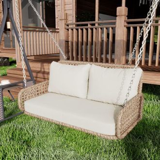 STILVORA Balancelle de Jardin 2 Places avec Coussins D&eacute;houssables et Cha&icirc;nes 240 cm, Charge 320 kg, en Rotin PE, Fer et Tissu imperm&eacute;able, Beige