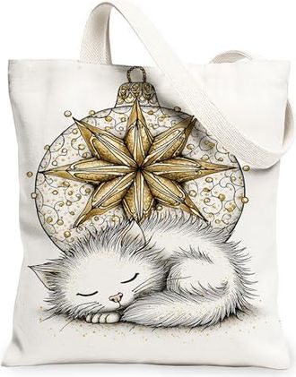 Generic Sacs fourre-tout en toile motif chat de No&euml;l, sacs d&eacute;picerie r&eacute;utilisables, vintage dhiver, toile lavable l&eacute;g&egrave;re, blanc, 13x15 Inch