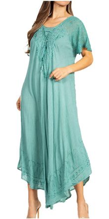 Sakkas 16603 - Egan Langes besticktes Kaftankleid/Vertuschen mit bestickten Fl&uuml;gel&auml;rmeln - A-Seafoam - OS