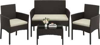 Yaheetech 4-er Gartenm&ouml;bel Set Balkonm&ouml;bel Set aus Polyrattan Terassenm&ouml;bel Au&szlig;en mit 2er Sofa, 2 St&uuml;hle, Tisch & Sitzkissen f&uuml;r Terrasse/Balkon/Garten, Braun &