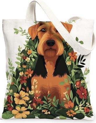 Generic Sac fourre-tout en toile motif chien Airedale Terrier printanier 33 x 38,1 cm, sac d&eacute;picerie r&eacute;utilisable avec motif imprim&eacute; de plantes, fleurs, chiot