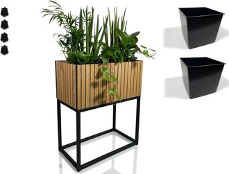 FlexiStyle Pflanzenst&auml;nder LOFT FIORINO Metall Eiche Holz Lamelle Blumenst&auml;nder Schwarz Blumentopf mit Beinen Hohe Blument&ouml;pfe Loft Style viele Dimensionen Made 