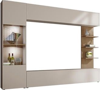 Mirjan24 Lazando meuble de salon mural compos&eacute; dun armoire suspendue, dune vitrine, dun meuble TV bas et dune &eacute;tag&egrave;re (cachemire/ch&ecirc;ne cr&egrave;mone, avec &eacute;clairage)