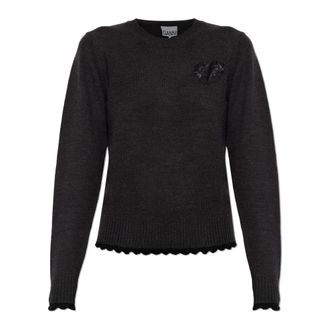 Ganni Pullover mit H&auml;kelbesatz und Logo-Patch - - Knitwear - Damen - Grau - S