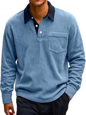 Generic Polo de travail à manches longues pour homme, chemise décontractée ample boutonnée, haut de travail, golf, randonnée avec poche, léger, respirant, bas