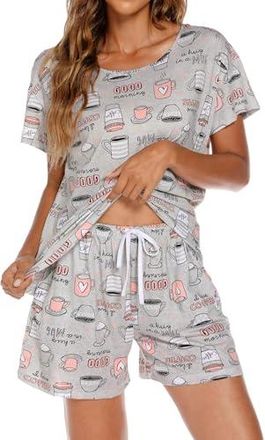 Mia Lucce Pyjama Femme Ete Coton Manches Courtes Pyjama Short Femme Vêtements de Nuit avec Imprimé et Poches pour la Maison et Le Sommeil, S-XXXL