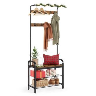 Vasagle Garderobenständer, Garderobe, mit Schuhbank, 4-in-1 Design, 9 abnehmbare Haken, Kleiderstange, Eingangsbereich, Flur, 33,7 x 77 x 183 cm, Industrie-De