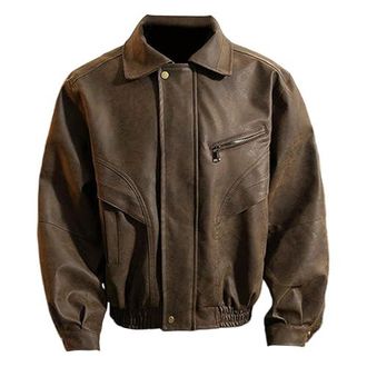 Generic Veste en cuir marron pour homme, blouson aviateur de motard en similicuir, fermeture &eacute;clair, style d&eacute;contract&eacute;, marron, taille M