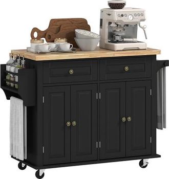 HOMCOM Desserte il&ocirc;t de Cuisine Multi rangements 2 tiroirs 2 Placard 2 Portes avec &eacute;tag&egrave;re Range-Bouteille Porte-torchons et &eacute;tag&egrave;re r&eacute;glable MDF Noir h&eacute;v&eacute;a