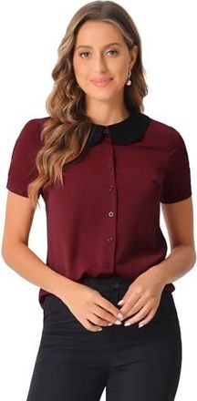 Allegra K Chemisier &agrave; Manches Courtes col Claudine contrast&eacute; pour Femmes Bordeaux M
