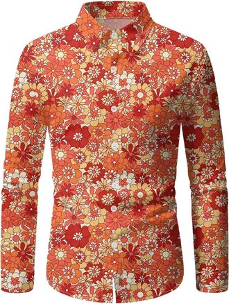 Generic Herren 70er Jahre Hemd Blumen Muster Langarm - Bunt Disco Party Hippie Kost&uuml;m Outfit Schlagerparty Fasching Karneval Retro Flower Power Oberteil Regul