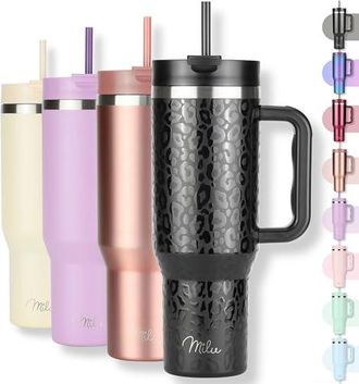 Milu Gobelet thermique 1200ml avec paille & anse, 24h glac&eacute; / 12h chaud Tumbler 40oz en acier inoxydable avec poign&eacute;e, isolant bouteille to go (Black Leopa