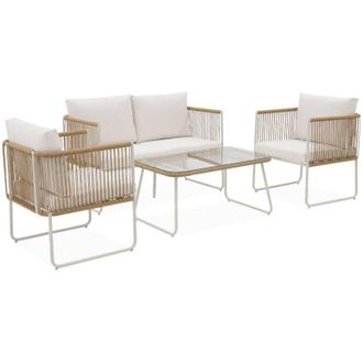 Sweeek Loungeset aus verzinktem Stahl mit Kunststoffbespannung, 4 Sitzpl&auml;tze Natur / Wei&szlig;