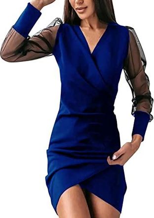 Generic 2026 Robe amincissante pour femme avec coutures en maille et col en V Noir, bleu, XL