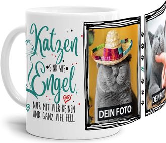 Tassendruck Tasse mit Spruch - Katzen sind wie Engel - zum Selbst gestalten mit Zwei Fotos - Geschenkidee für Katzenliebhaber, in Weiß, 300 ml