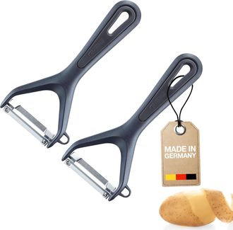 Westmark 2 Gemüse- und Spargelschäler mit Ausstecher Gentle - zum Schälen von Obst und Gemüse, Edelstahl-Klinge, Mit Klingenschutz - Schwarz, 280222E3