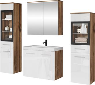 Mirjan24 Badm&ouml;bel Set Madrit II mit Waschbecken und Siphon, Komplettprogramme f&uuml;r Spiegelschrank, Waschtisch, Hochschrank (Wotan Eiche/Wei&szlig; Hochglanz, mit wei&szlig;