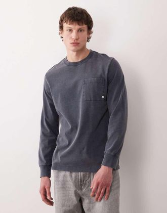 Farah Burt - Lang&auml;rmliges, st&uuml;ckgef&auml;rbtes Shirt in Marineblau mit Logo und Tasche