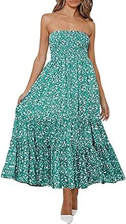 Generic Robes d&eacute;t&eacute; 2026 boh&egrave;me pour femmes, robe d&eacute;contract&eacute;e &agrave; imprim&eacute; floral, sans manches, &agrave; volants, longue &agrave; volants, Vert, XXL