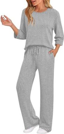 TOMWELL Pyjama Femme Couleur Unie Ensemble Shirt Manches 3/4 Survêtement Décontracté 2 Pièce Jogging Suit A Gris XXL