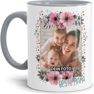 Tassendruck Keramik Tasse - Beste Mama - mit Foto selbst gestalten - Geschenk für die beste Mama, Muttertag, Weihnachten I Personalisiert, Innen & Henkel Grau, 30
