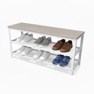 Relaxdays Schuhbank, f&uuml;r 8 Paar Schuhe, HxBxT: 45 x 100 x 30 cm, 2 Gitterablagen, Sitzbank in Holzoptik, Hellbraun/wei&szlig;