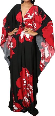 Bsubseach Plus Size Caftan Kleider f&uuml;r Damen Strandkleid Fledermaus &Auml;rmel Sommer Maxi Kaftan Kleid Red Flower Print