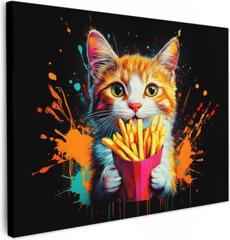 MuchoWow © Leinwand Bilder 70x50 cm Wanddeko Wohnzimmer Aesthetic Room Decor Deko Zimmer Wandbilder Modern Bild auf Leinwand Katze - Essen - Pommes - Graffiti 