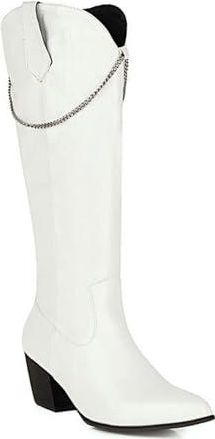 Generic Bottes déquitation à bout pointu et talon épais pour femme avec chaîne décorative, chaussures de cowgirl occidentales à enfiler, blanc, 39.5 EU