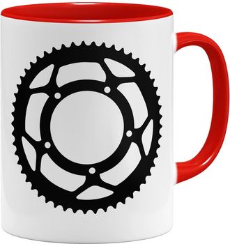 OM3 Kettenblatt Fahrrad Tasse - Keramik Becher - 325ml - Beidseitig Bedruckt - Rot