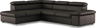 Cavadore Echtleder-Schlafcouch Valerie mit Ottomane / Ecksofa mit Bettfunktion + Kopfteilverstellung / 272 x 73 x 226 / Leder Dunkelbraun