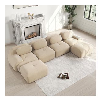 Generic L-f&ouml;rmiges modulares Cordsofa, modulares Ecksofa, Dreisitzer-Sofa, rahmenloses Sofa, ergonomisch, hochelastisch 32D gepolstert, for Wohnzimmer(Beige,4